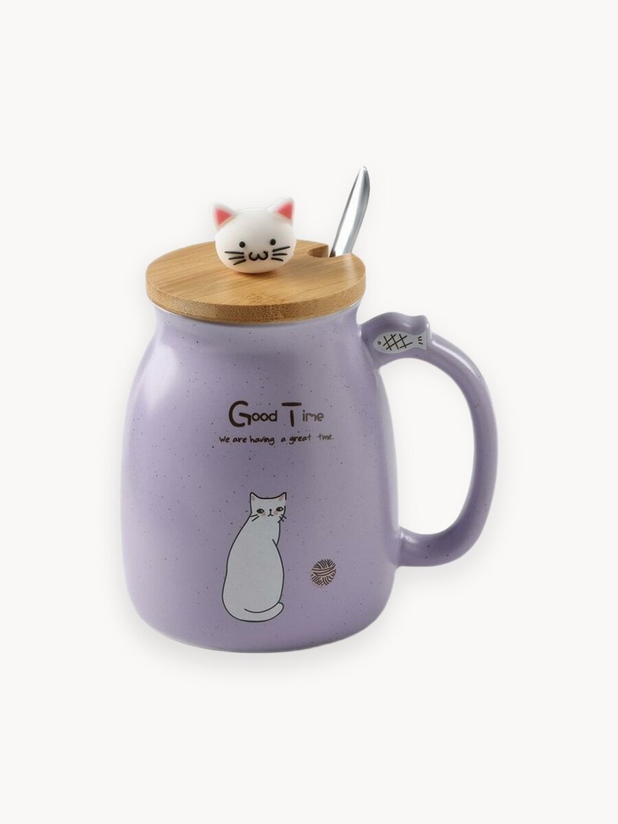 Кружка керамическая с деревянной крышкой и ложкой «Котик», 500 мл, цвет и рисунок микс