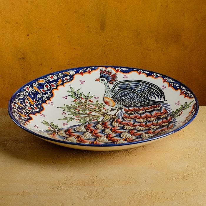 Ляган круглый "Жар-птица", диаметр 41см, блюдо из керамики, узбекская посуда, тарелки для сервировки