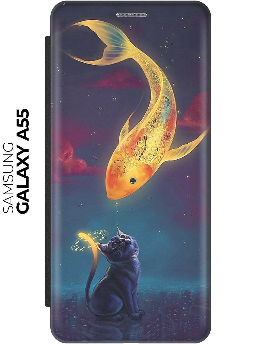 Чехол-книжка на Samsung Galaxy A55 / Самсунг А55 с рисунком "Кот и рыбка" черный