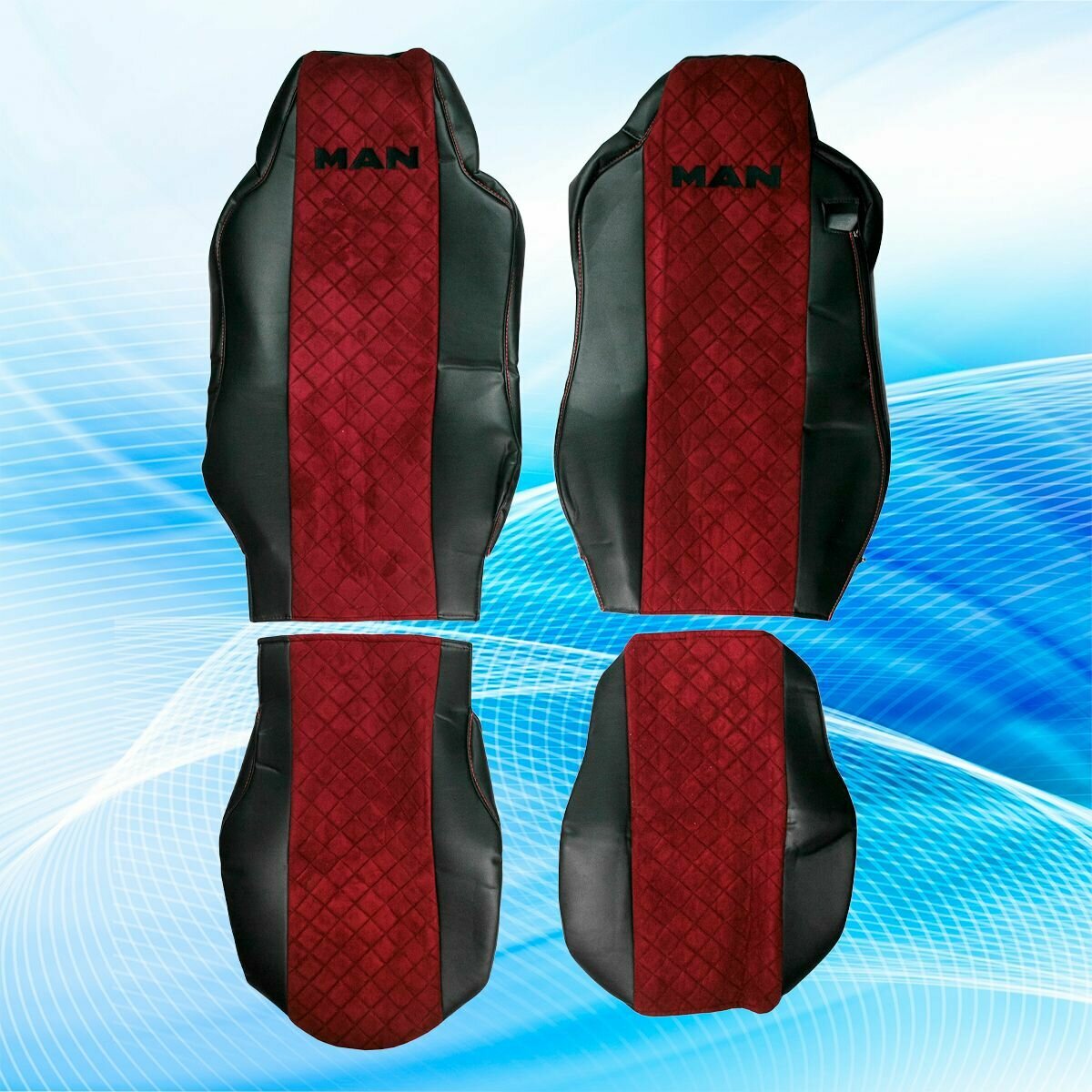 Чехлы на сиденья для MAN TGA/TGM/TGL/TGS/TGX 1 ремень. (Экокожа / алькантара) Сделано в России. Черно-красные. Черная строчка. (комплект) (26882)