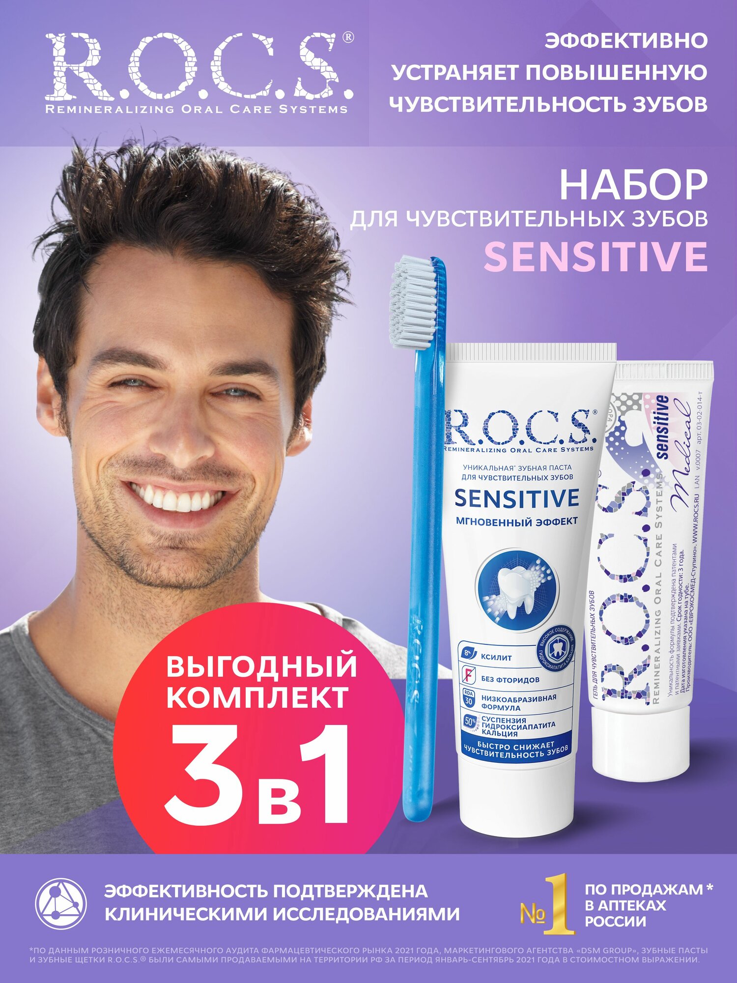 R.O.C.S. Набор для чувствительных зубов Sensitive зубная паста, гель, зубная щетка