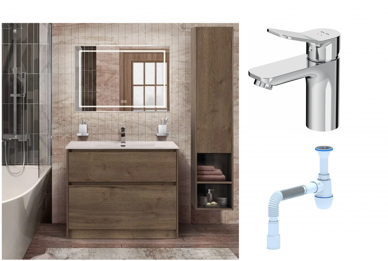 Комплект: Мебель для ванной BelBagno Kraft 100 + Смеситель Am.Pm X-Joy F85A02100 для раковины, хром + Сифон АниПласт 533340 + SNPF85A02100 + C2015xrv