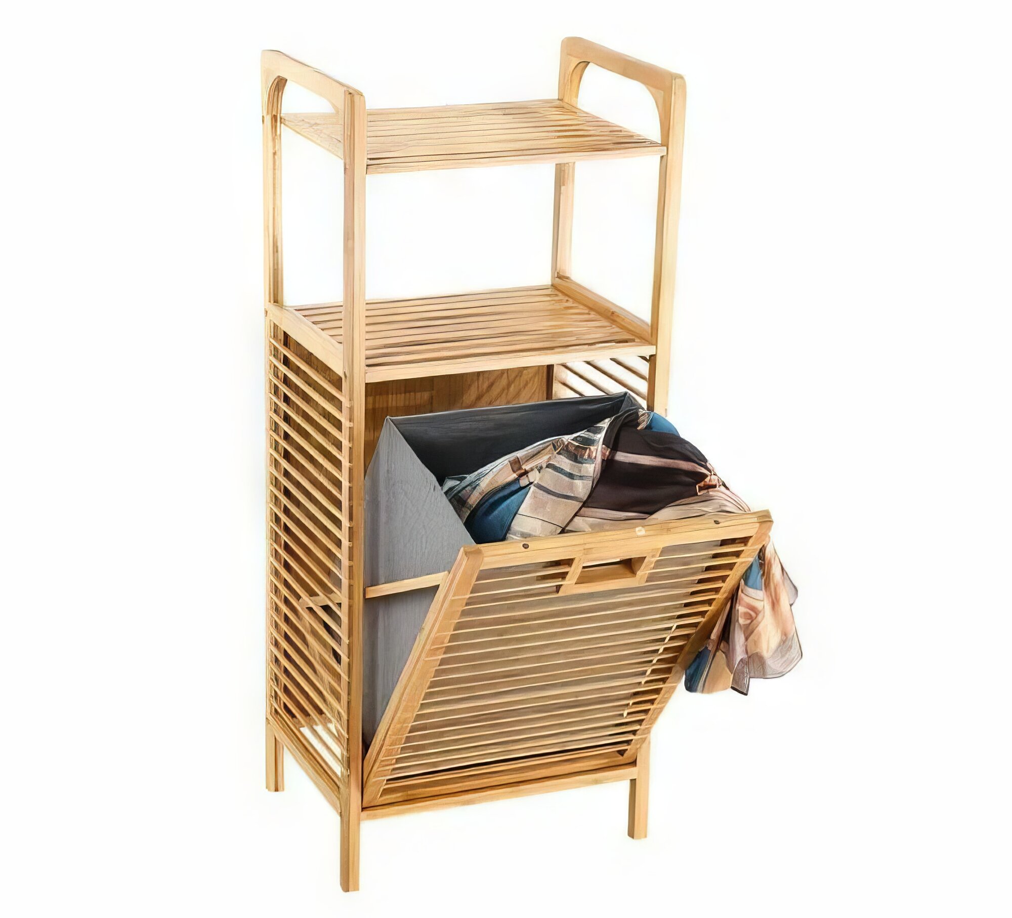 Бамбуковая корзина для белья с сумкой и стеллаж для хранения / Этажерка с корзиной для белья из бамбука, LettBrin
