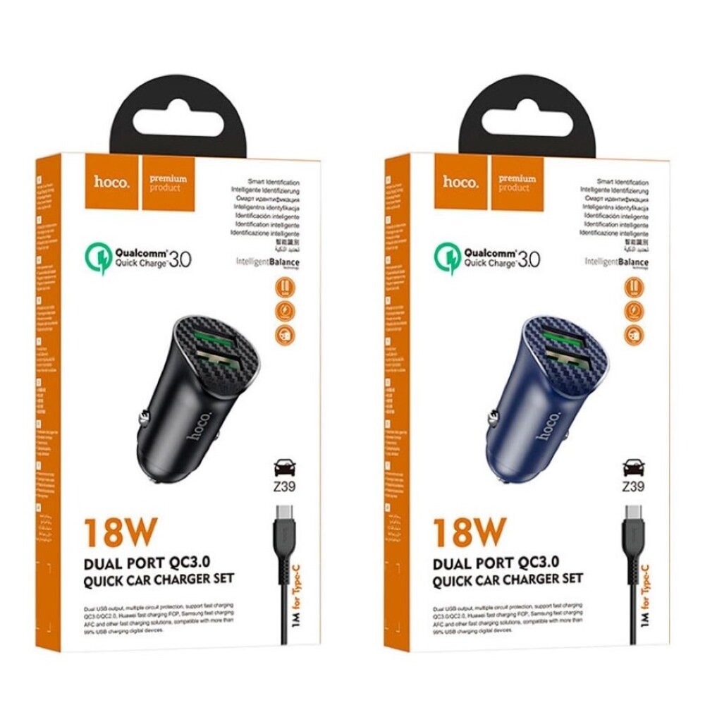 Автомобильное зарядное устройство HOCO Z39 Farsighted, 2 x USB-A QC3.0 18W, кабель Type-C (Черный)