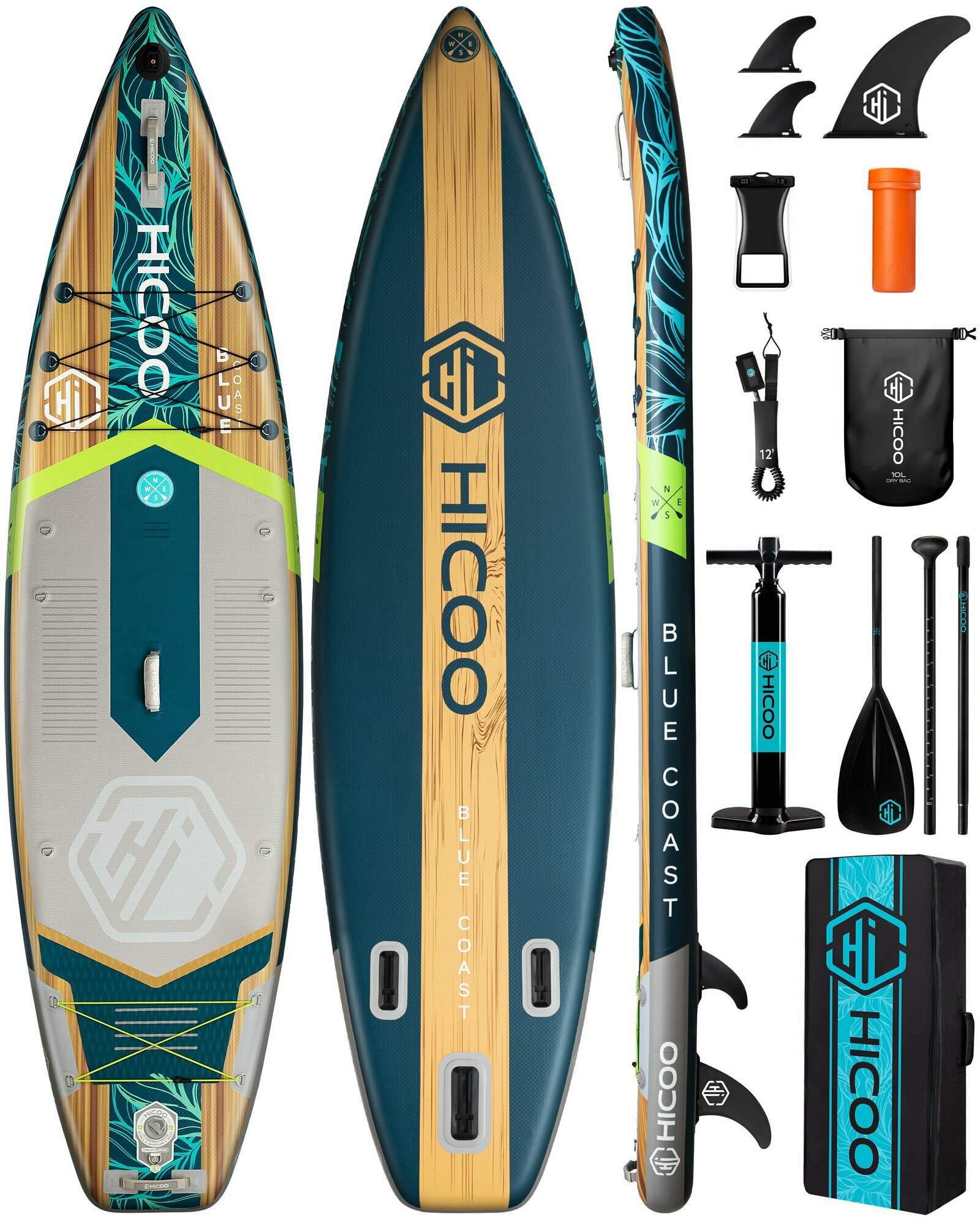 SUP-доска надувная HICOO Blue Coast STD 11' 335x86x15 см / Сапборд для серфинга и отдыха на воде