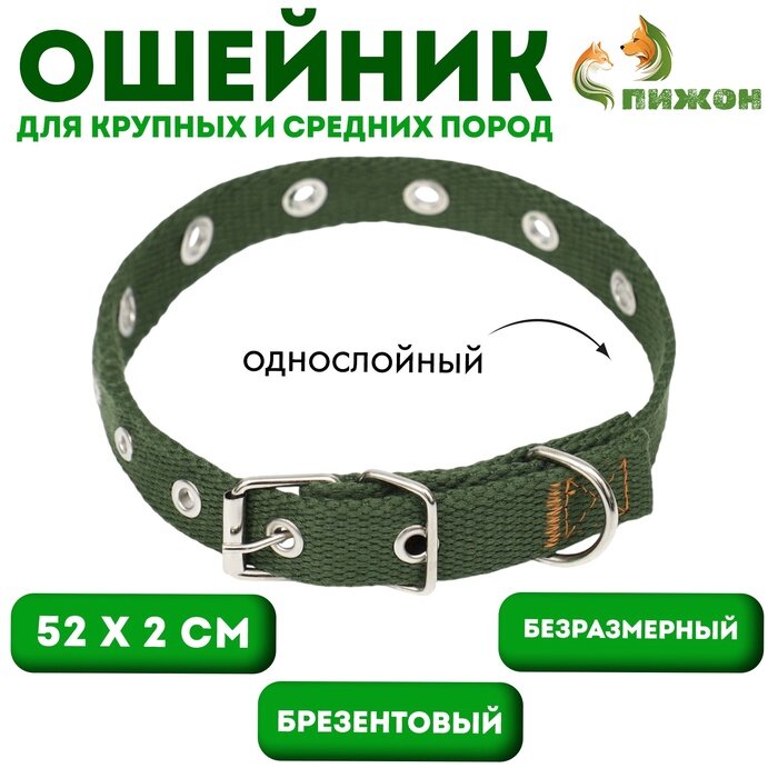 Ошейник брезентовый безразмерный однослойный, 52×2 см, тёмно-зелёный
