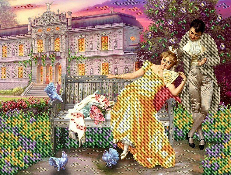 Ткань с рисунком для вышивания бисером Каролинка #ТКБЛ 3061 Свидание в парке, Вышивка бисером, 36 х 27 см (Бисер в комплект не входит.)