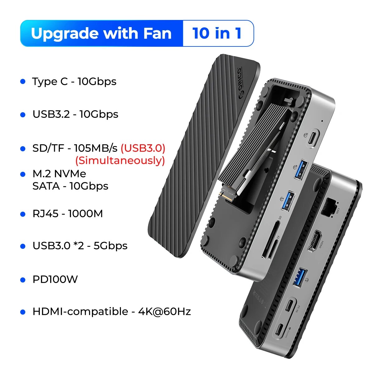 ORICO 8-в-1 USB C HUB с SSD корпусом 10-in-1 with Fan
