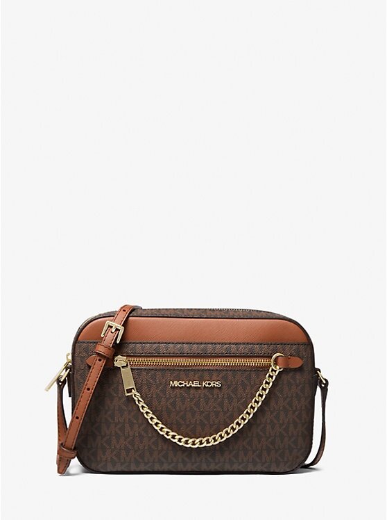 Сумка кросс-боди Michael Kors Jet Set Large Logo Crossbody Bag Brown (Михаэль Корс сумка с лого через плечо золотая фурнитура с карманом на молнии коричневая)
