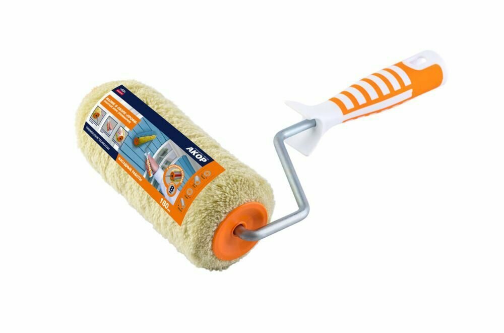 Акор профи валик для фасадных работ, 2-х компонентная ручка, полиакрил, желтый ворс D8мм L 240мм