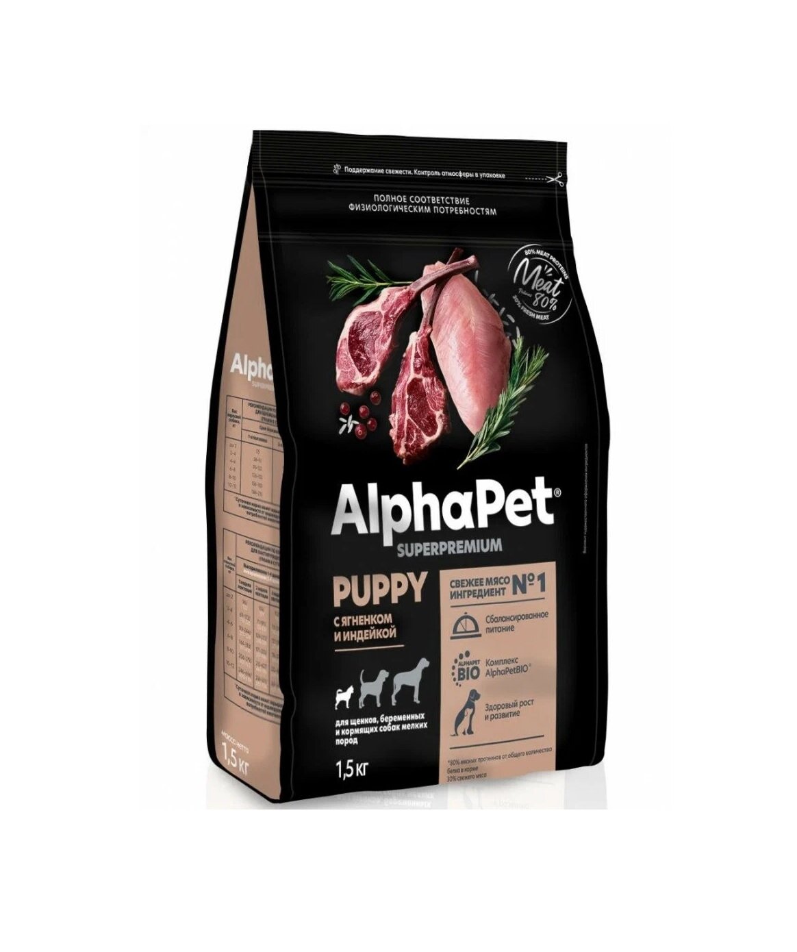 Сухой корм AlphaPet Superpremium для щенков, беременных и кормящих собак мелких пород с ягненком и индейкой 1.5 кг