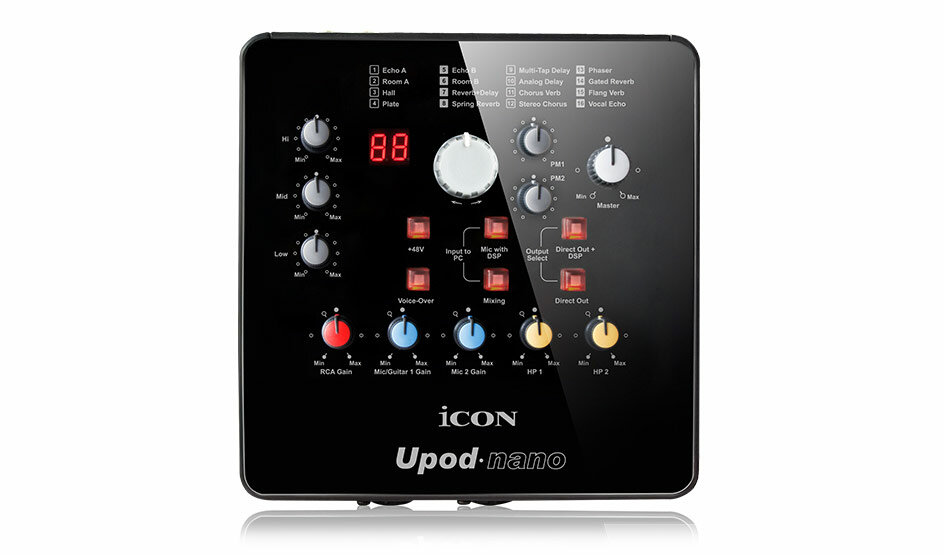 Аудиоинтерфейс USB [110307A2003] Icon [UPod Nano] 16 DSP эффектов, АЦП/ЦАП: 16 бит/48 кГц, 22-20000 Гц, 90 дБ, S/N: -90 дБ, THD+N: 0,0061%, 2xCombo XLR/TRS, 1/4" TS инстр. вход, 2xRCA входа / 2x1/4" TRS выхода, 2x1/4" TRS выхода для наушников, USB-B