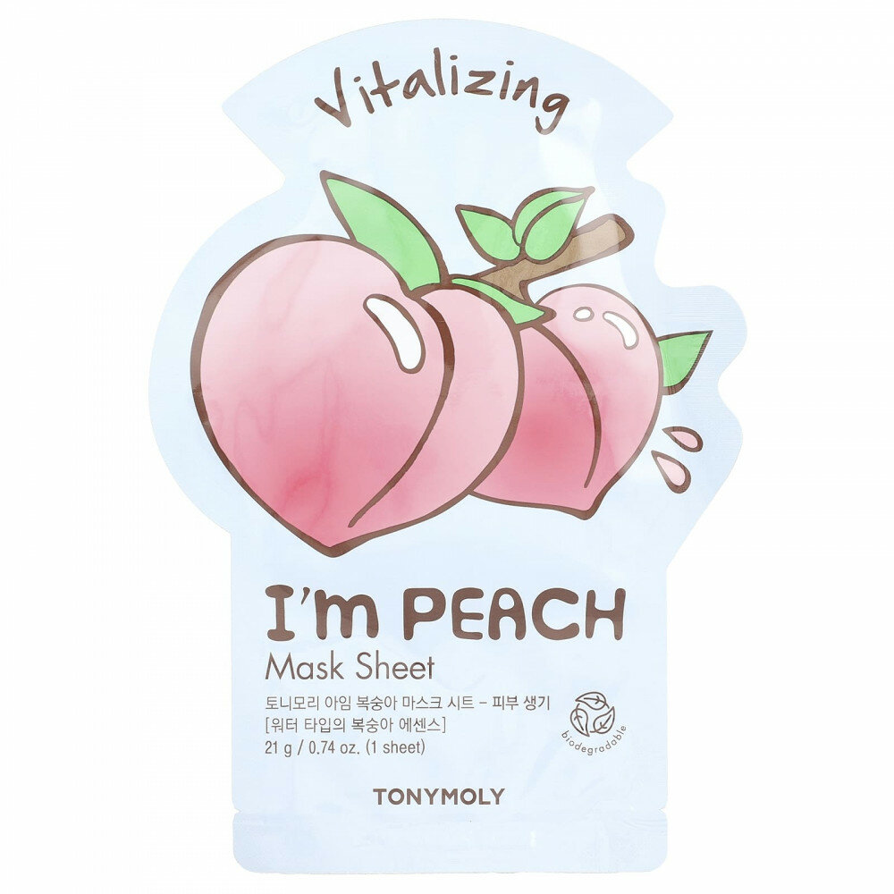 TonyMoly, I'm Peach, восстанавливающая тканевая маска с персиком, 1 шт, 21 г (0,74 унции)