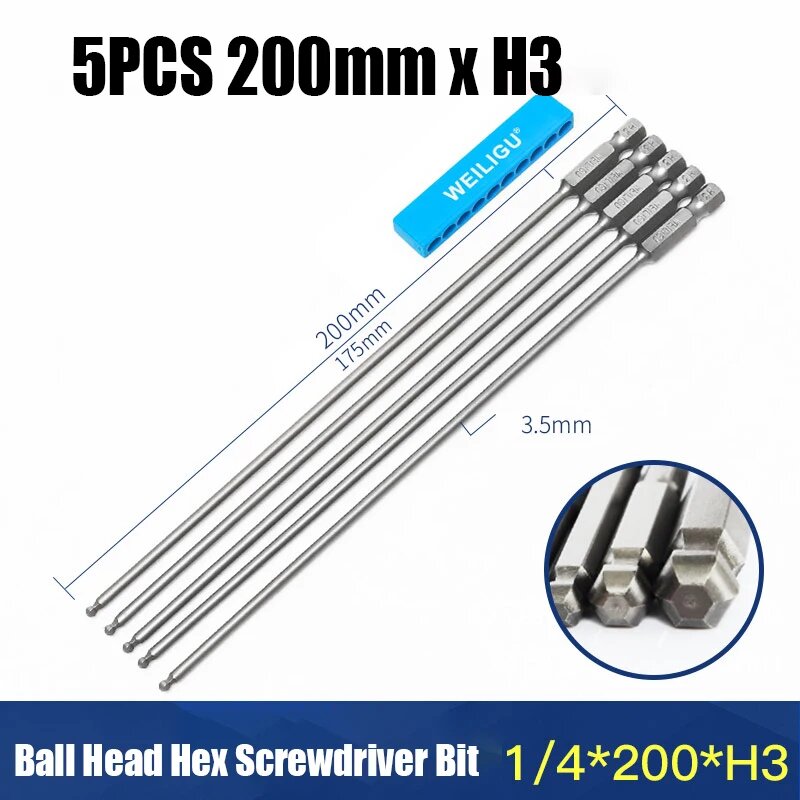 65/100/150/200 мм Стандартный шестигранный набор бит для отвертки Метрическая Магнитная шаровая Головка шестигранный отвертка инструмент 1/4 "6,35 мм шестигранный хвостовик 5PCS 200mm x H3