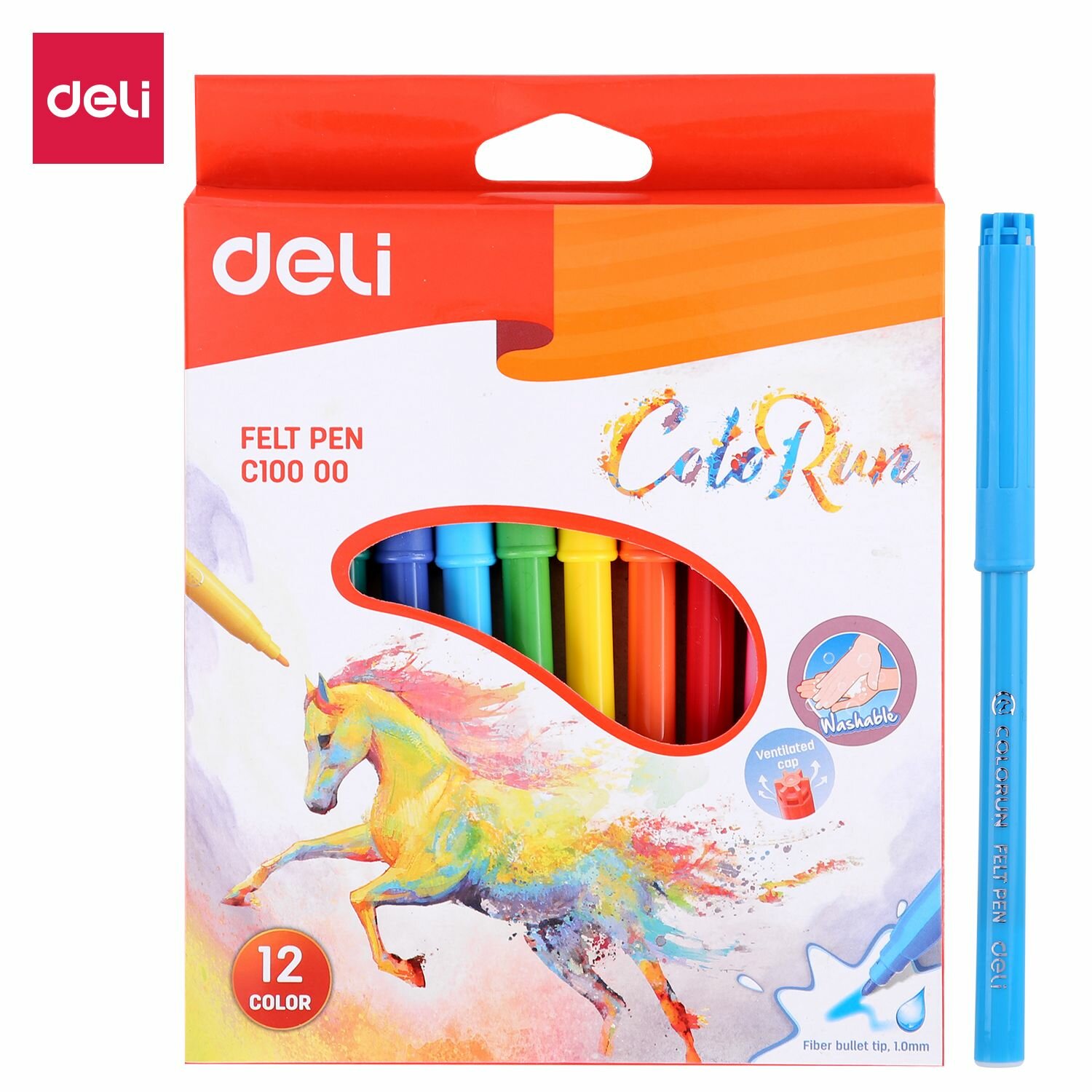 Фломастеры 12 цветов, Deli ColoRun, вентилируемый колпачок, смываемые, коробка с европодвесом