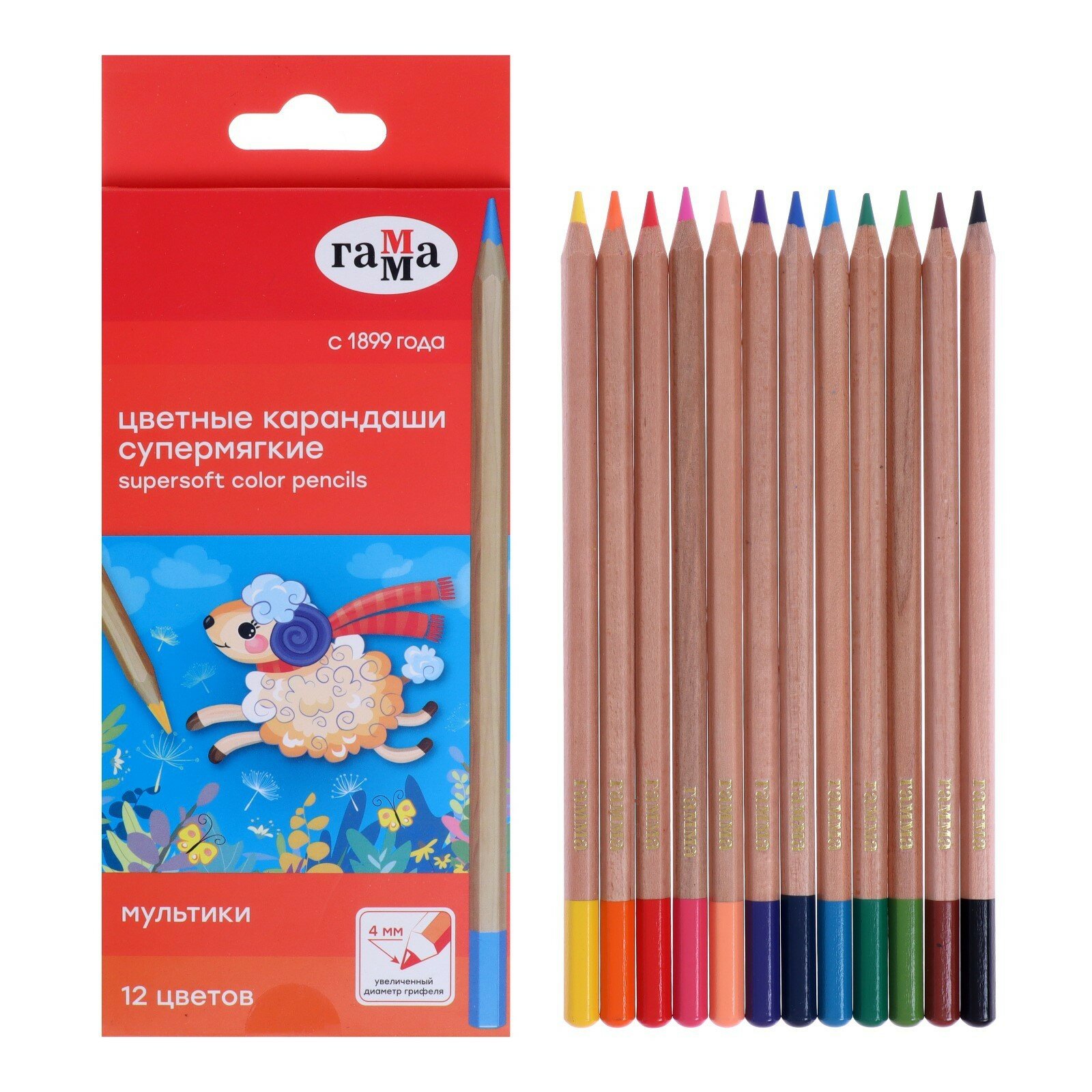Карандаши цветные 12 цв гамма Мультики супермягкие, увелич. диаметр грифеля 4,0 мм