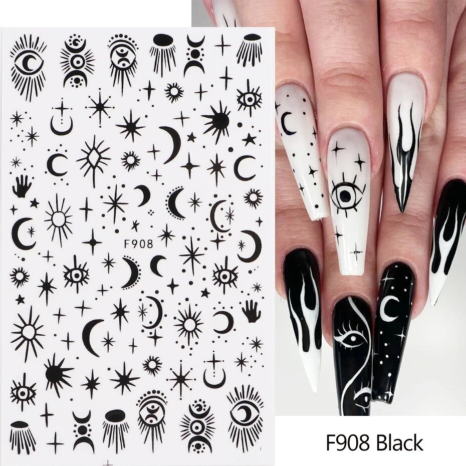 Наклейки для ногтей F908 Black, мистический дизайн