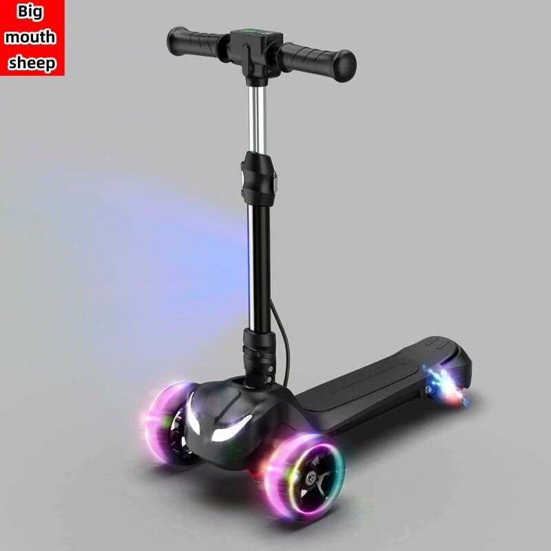 Детский трёхколёсный электросамокат 4-16 лет складной портативный с электроприводом, Bluetooth-музыка, 120 минут автономной работы, светящиеся колёса