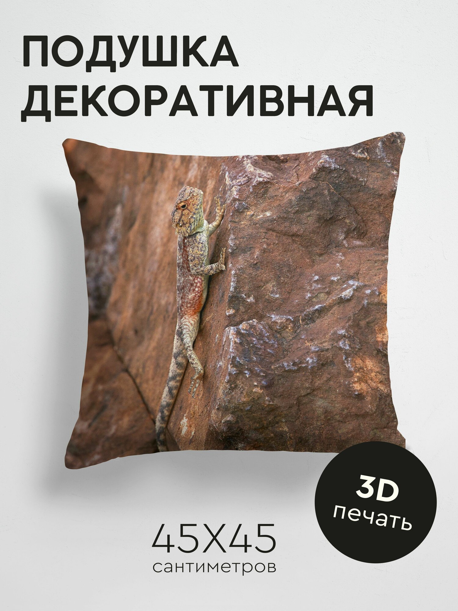 Подушка декоративная, 45x45см / Животные / ящерица / игуана / рептилия / мимикрия / камень