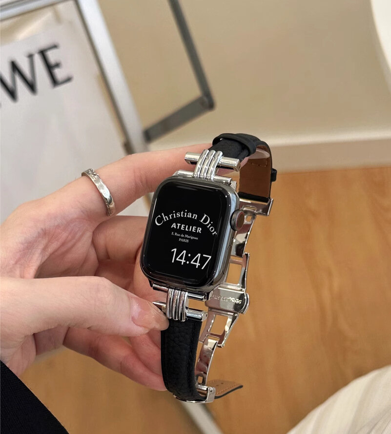Ремешок для часов, для Apple Watch, кожаный, 44мм, черный