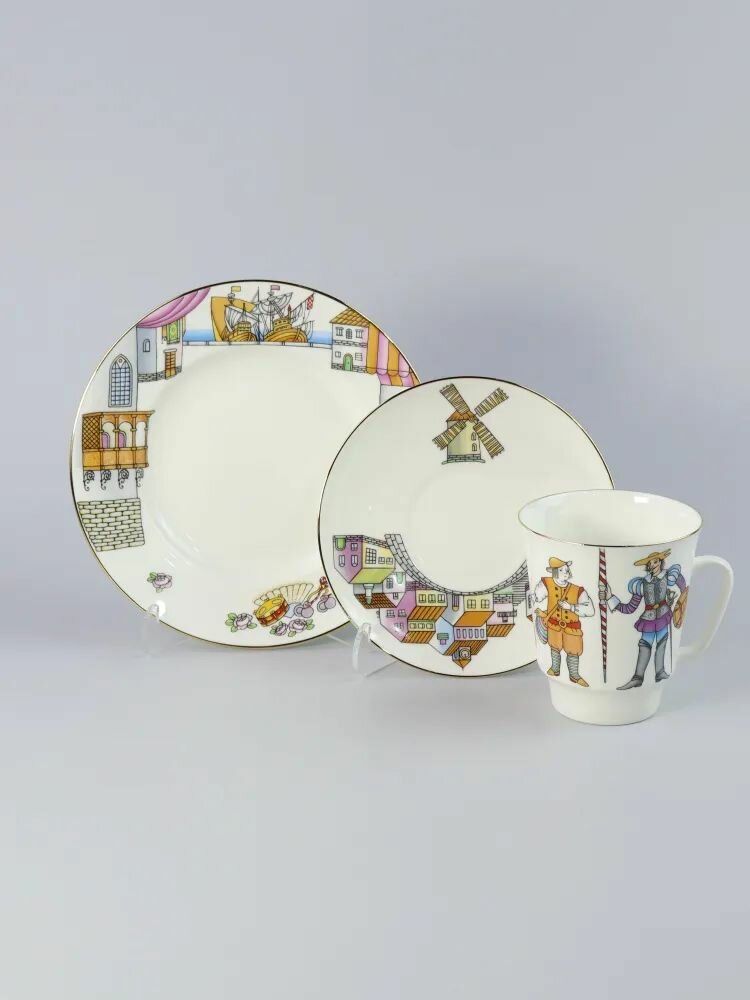 Кофейный набор 165 мл. Форма "Майская", рисунок "Балет. Дон Кихот". Костяной фарфор. 3 предмета. Кофейная пара с десертной тарелкой. Императорский фарфоровый завод ИФЗ ЛФЗ.