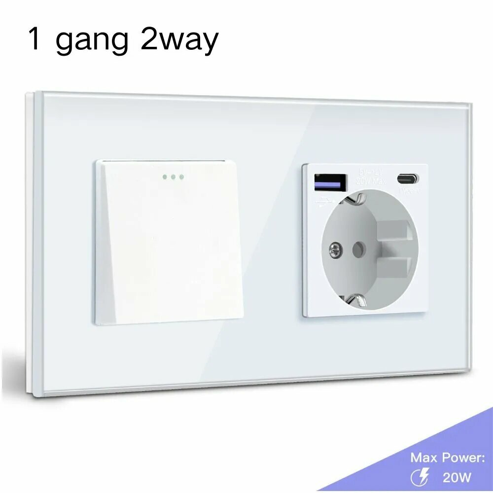 Проходной переключатель одноклавишный с розеткой с USB и type-C , быстрая зарядка 20W, рамка закаленное стекло Белая