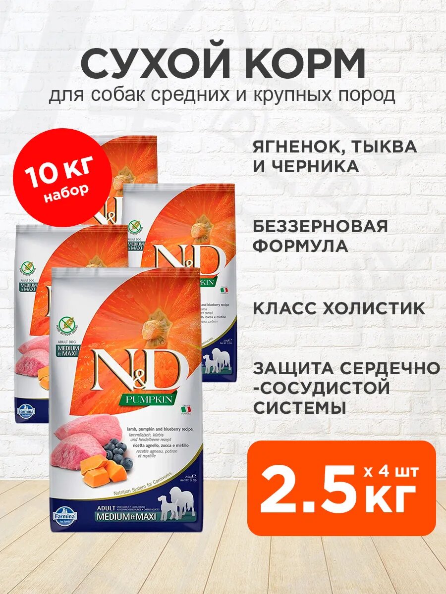 Корм сухой Farmina Dog N&D Grain Free Pumpkin Adult Medium & Maxi Lamb & Blueberry для собак с ягненком, 2,5 кг х 4 шт