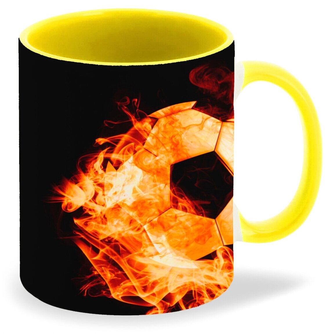 Кружка желтая CoolPodarok Футбол Футбольный мяч в огне Чёрный фон