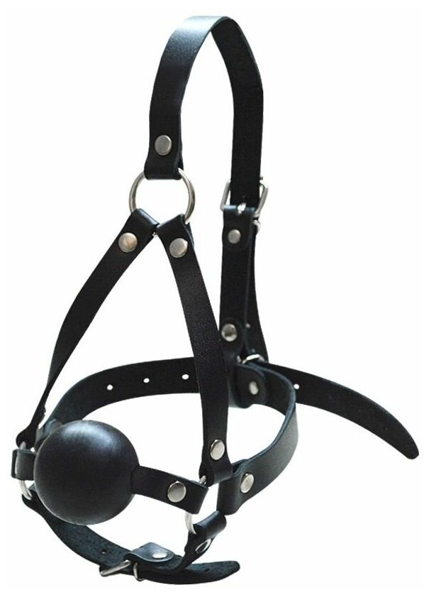 Черный кляп-шар со сбруей на голову из кожи