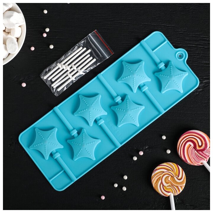 Форма силиконовая для леденцов Доляна «Звездочёт», 9,5×24×1 см, 6 ячеек (4,2×3,8 см), с палочками, цвет микс