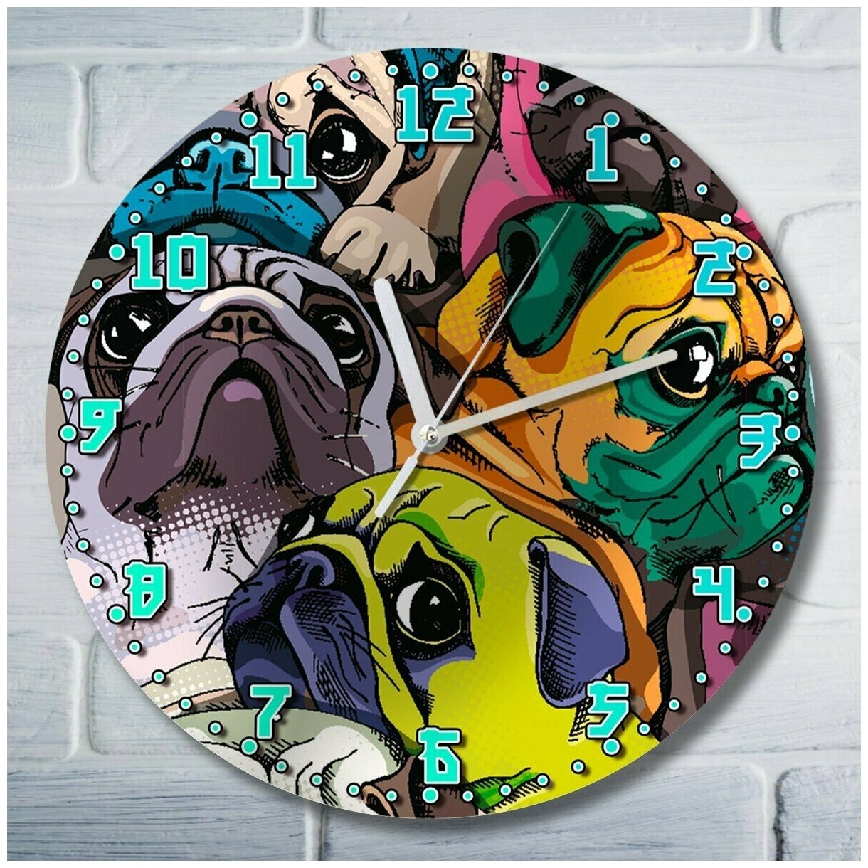 Настенные часы УФ с рисунком красочные мопсы - 1058
