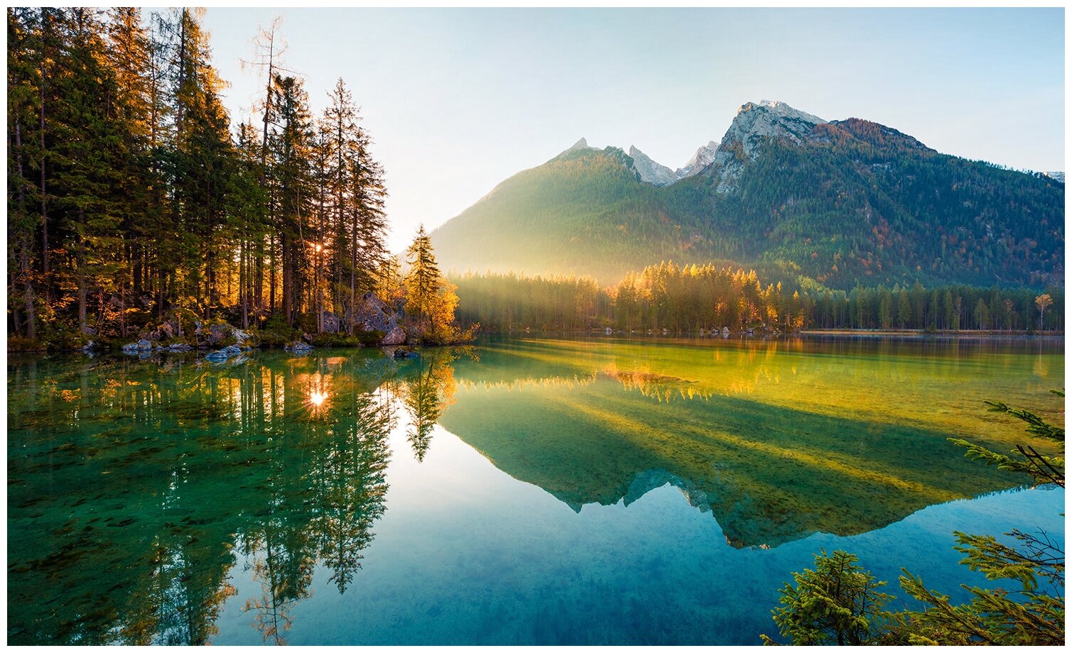 Фотообои Уютная стена "Незабываемый рассвет на озере Хинтер" 450х270 см Виниловые Бесшовные (единым полотном)