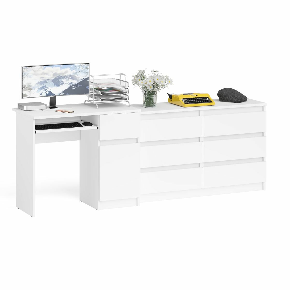 Компьютерный стол СВК Мори МС-1 с дверкой и ящиком справа и комодом цвет белый, 210,4х50х76,6 см.