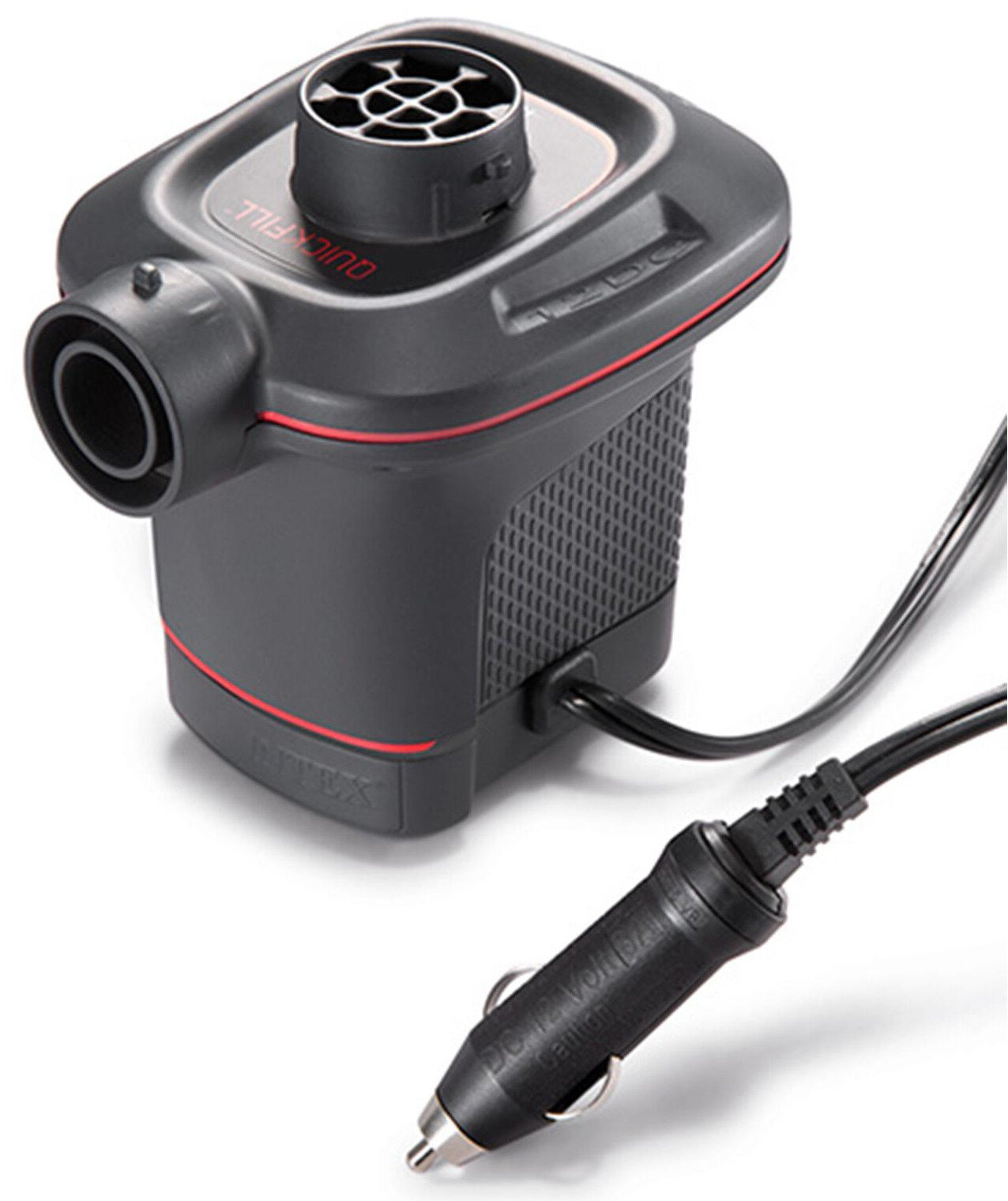 Электрический автомобильный насос Intex для накачивания надувки, электронасос с насадками для накачки надувного матраса, бассейна и других пвх изделий, 3 насадки, от прикуривателя автомобиля 12 В