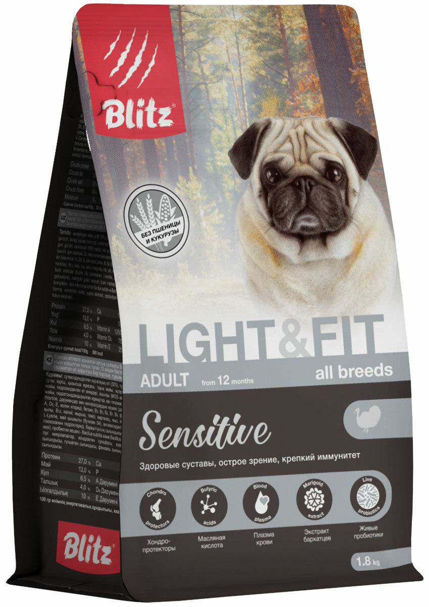 BLITZ SENSITIVE ADULT ALL BREEDS LIGHT & FIT диетический для взрослых собак всех пород с индейкой 1,8 кг