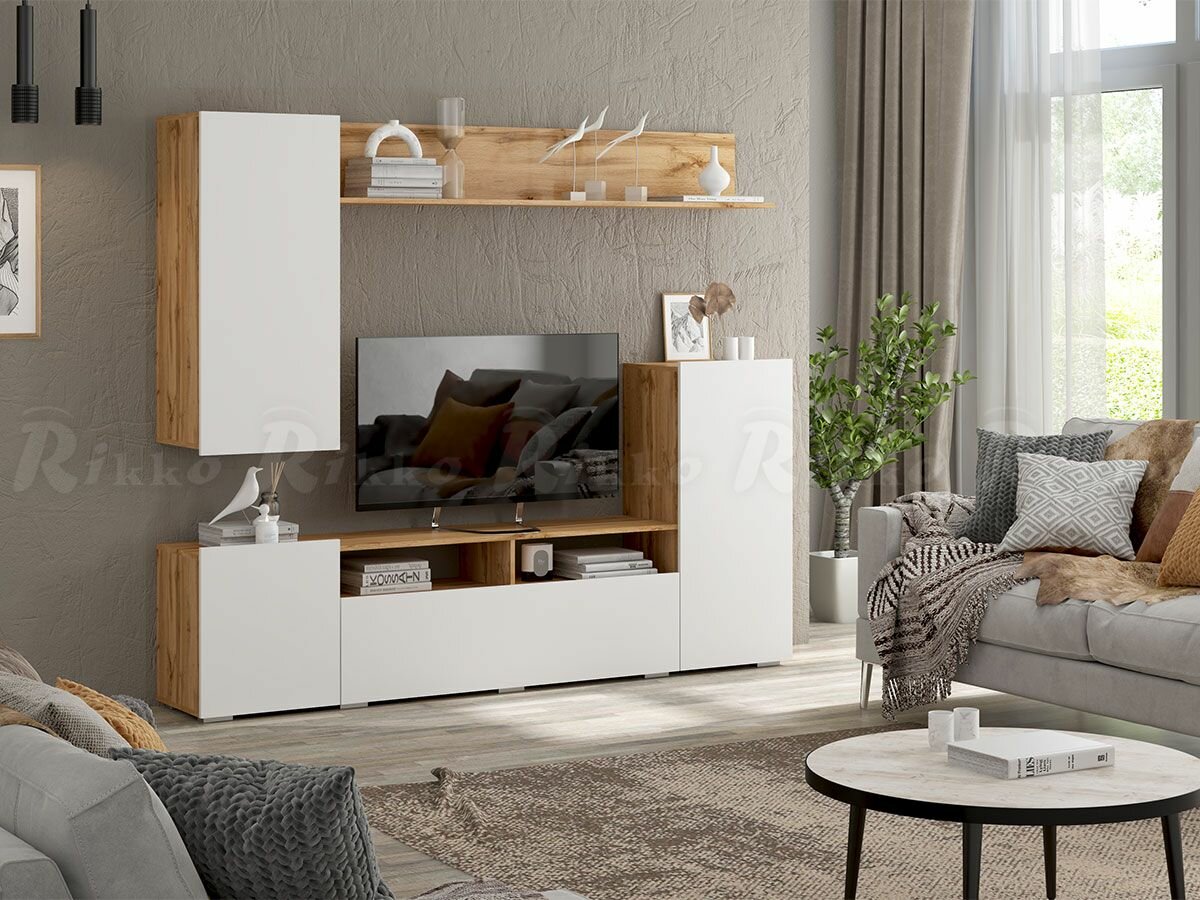 Гостиная "Лия" ЛДСП (2130х1680х350) Дуб Вотан/Белый (Rikko)