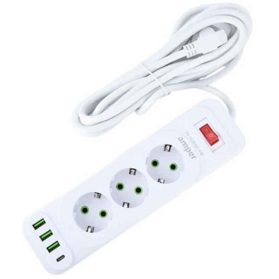 Сетевой удлинитель с USB Amper JH-1081U-4W 3 розетки, 3usb, 1Type-C, 2500 Вт, 10А, 4,0м, белый.