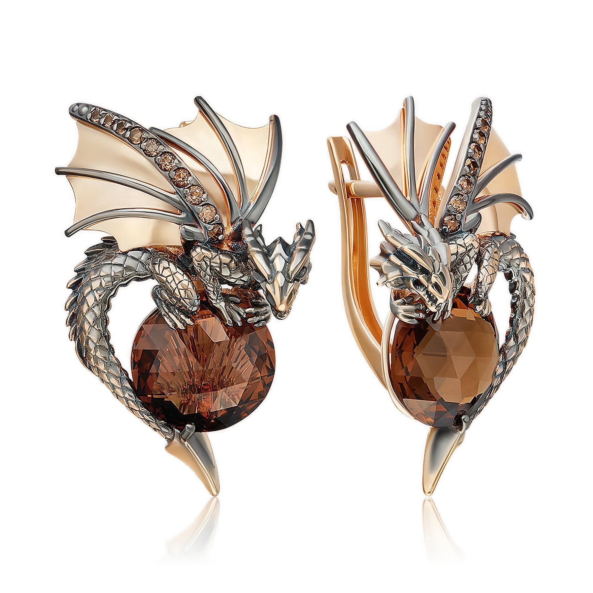 Серьги, красное золото, 585 проба, кварц, цитрин