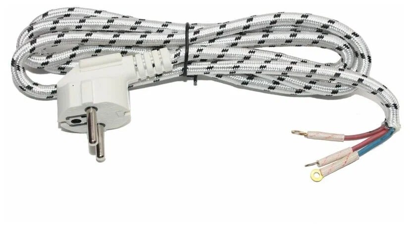 Сетевой шнур ( провод ) в тканевой оплетке для утюга, земля, белый 1,8 метра 10А/2,2кВт .