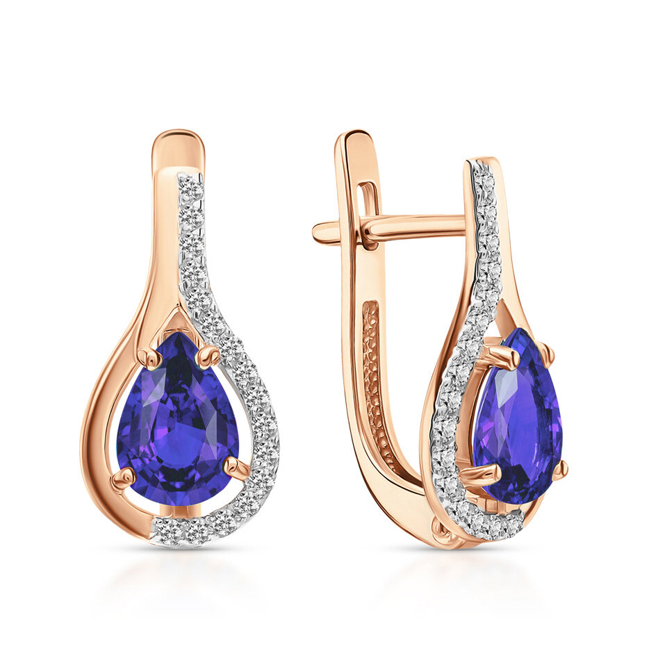 Серьги, золото, 585 проба, бриллиант, танзанит