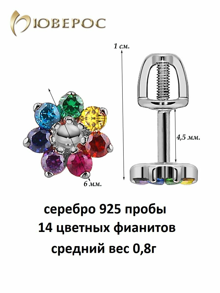 Серьги пусеты, серебро, 925 проба, родирование, фианит