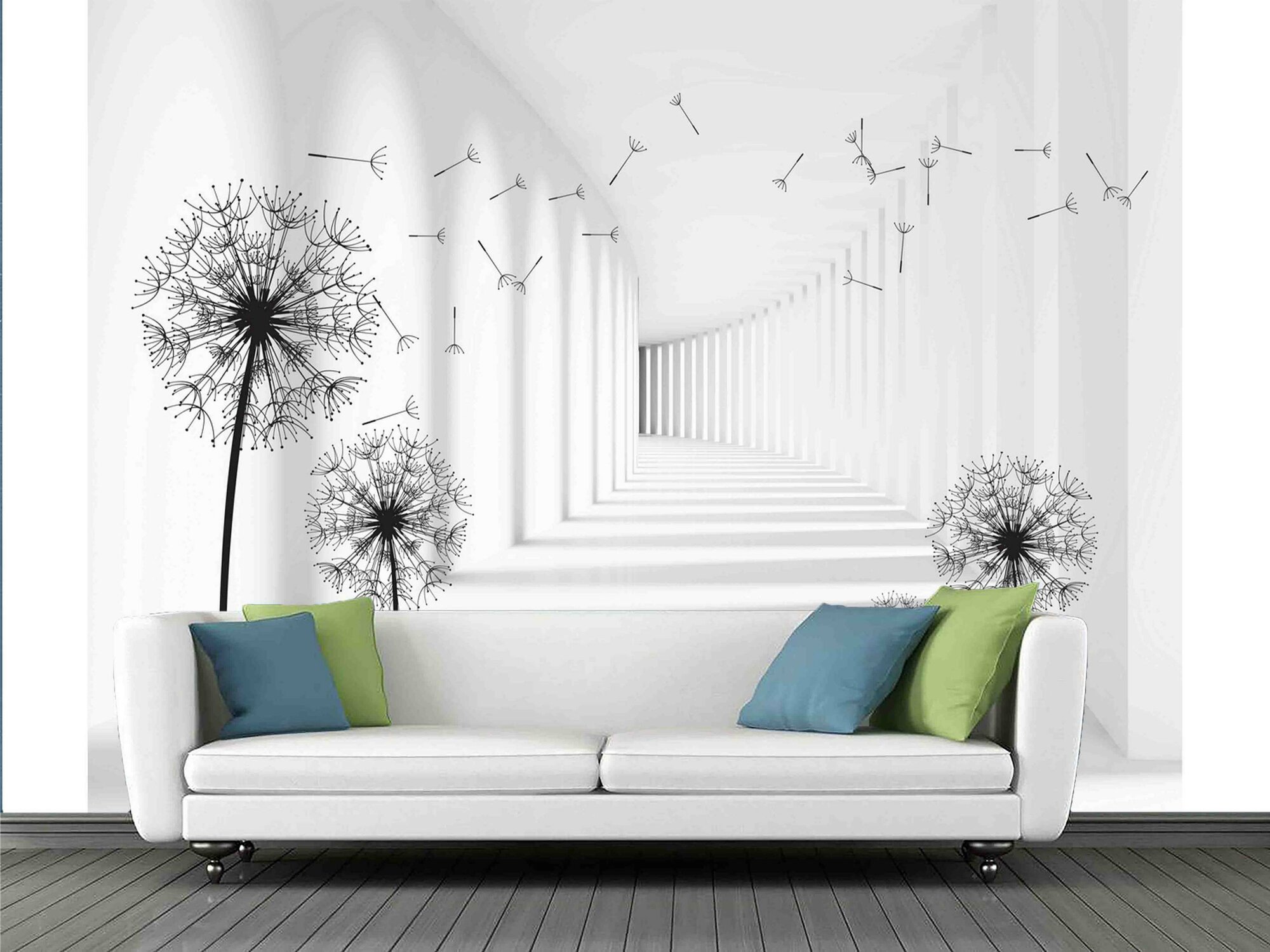 Фотообои на стену антивандальные 350х250см Одуванчики в сером тоннеле винил на флизелине