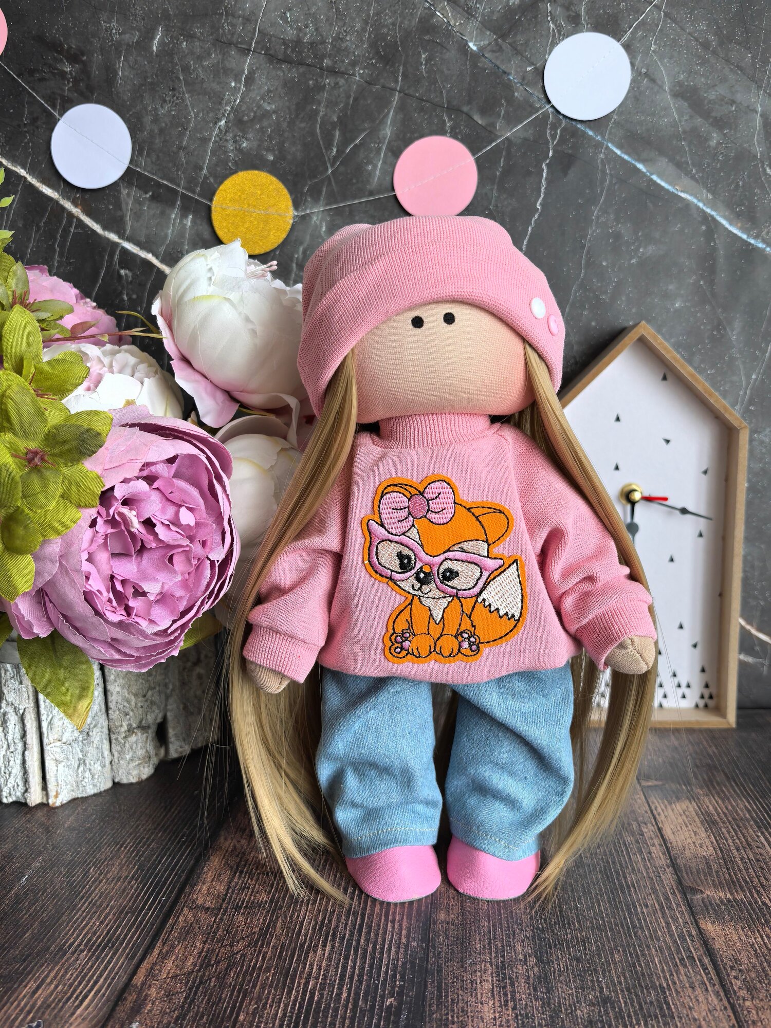 Интерьерная текстильная кукла Тильда 28 см ручной работы