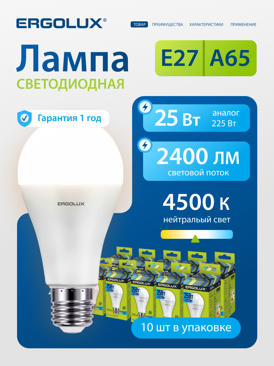 Лампочки светодиодные Ergolux LED A65 25W E27 4000K, 10 штук в наборе