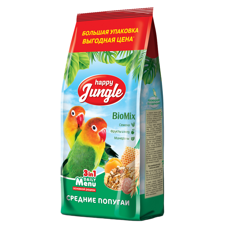 Корм Happy jungle для средних попугаев, 900 гр