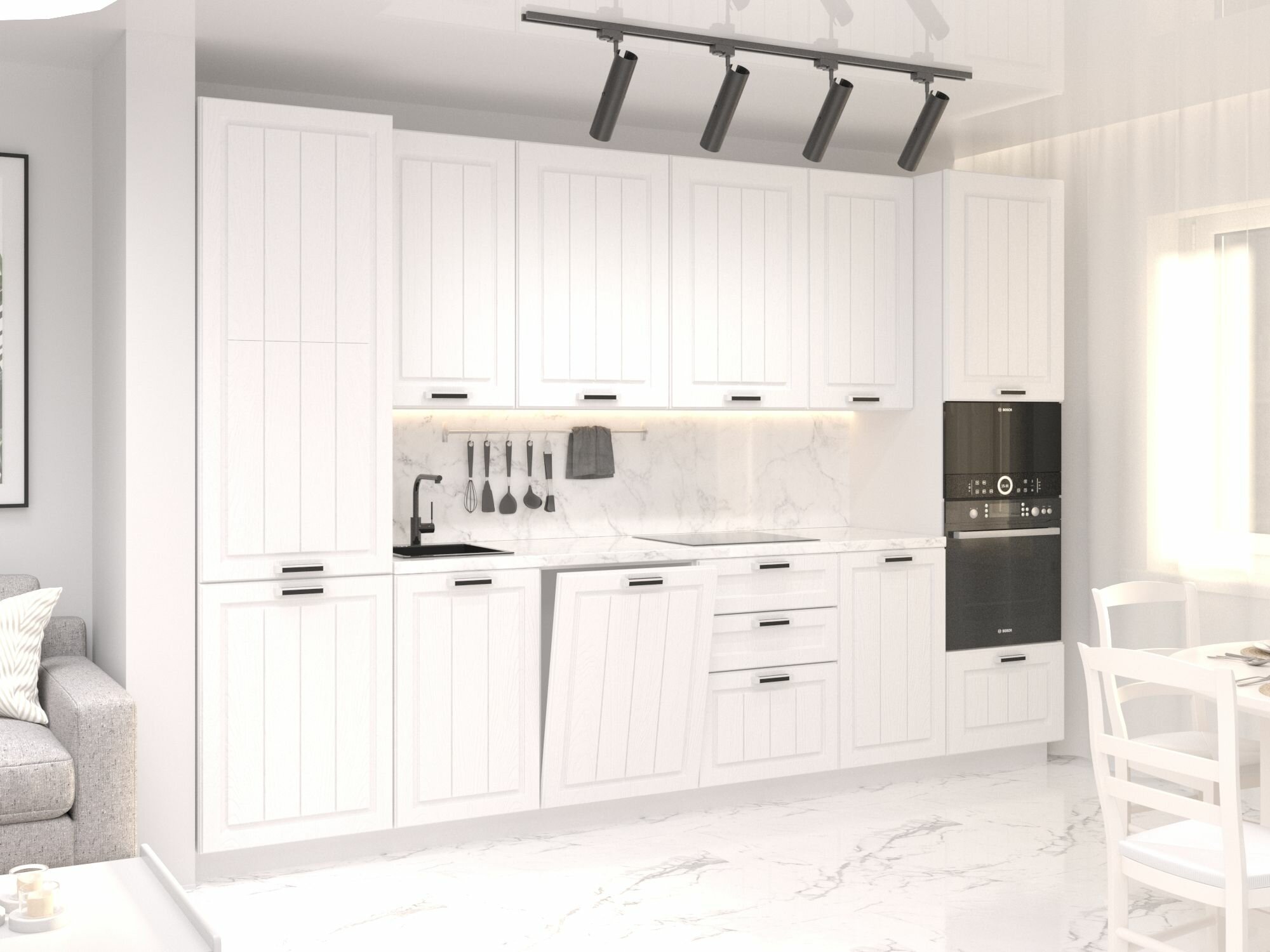 Кухонный гарнитур Прага, Белое дерево, 3400 мм