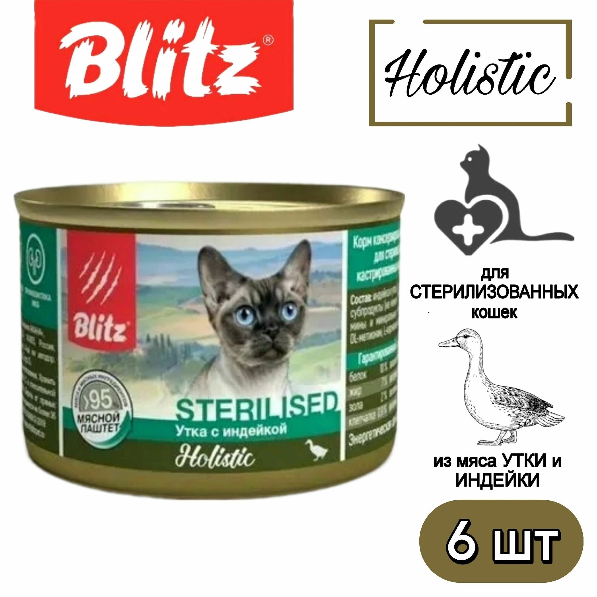 Blitz Holistic влажный корм консервы для стерилизованных кошек утка с индейкой паштет 200 г х 6 шт