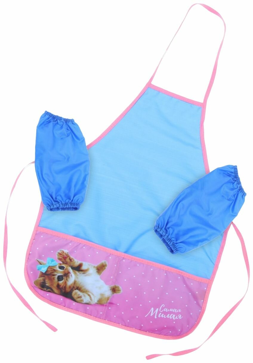 Детский фартук для творчества "Милый котик" с нарукавниками, накидка для труда, передник для рисования и лепки, 48,5х39,5 см, рост 116-146 см