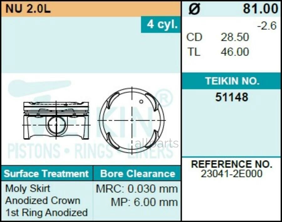 TEIKIN 51148050 Комплект поршней NU 2.0L +0.50