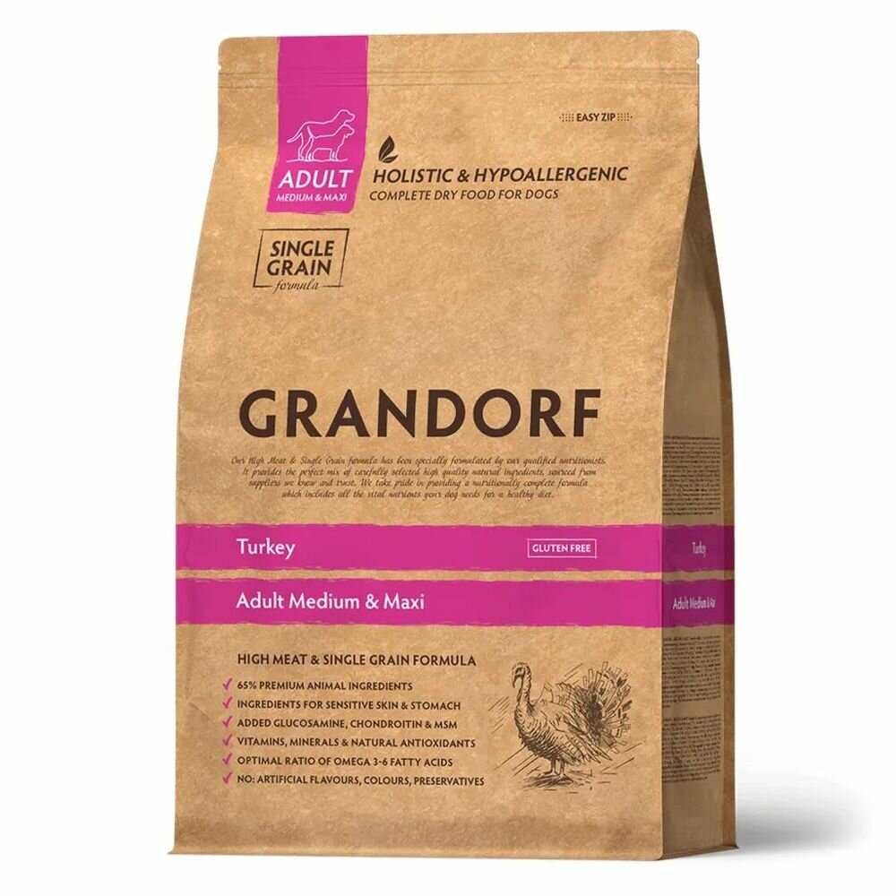 Сухой корм Grandorf для взрослых собак средних и крупных пород с индейкой и бурым рисом, 3 кг